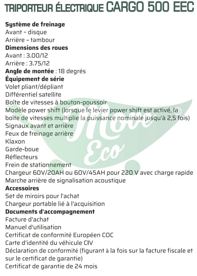 TRIPORTEUR ÉLECTRIQUE CARGO 500 EEC homologué