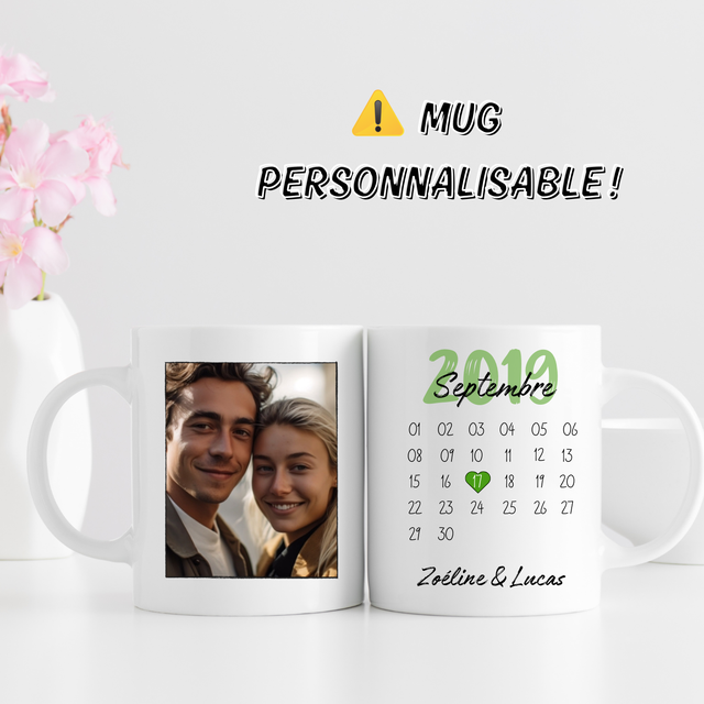 Mug personnalisé couple photo + date