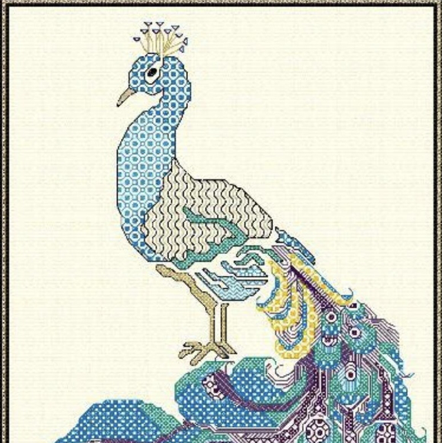 Blackwork Embroidery Kit - Peacock in Blue - DMC Etoile Threads - Cross Stitch Kits.