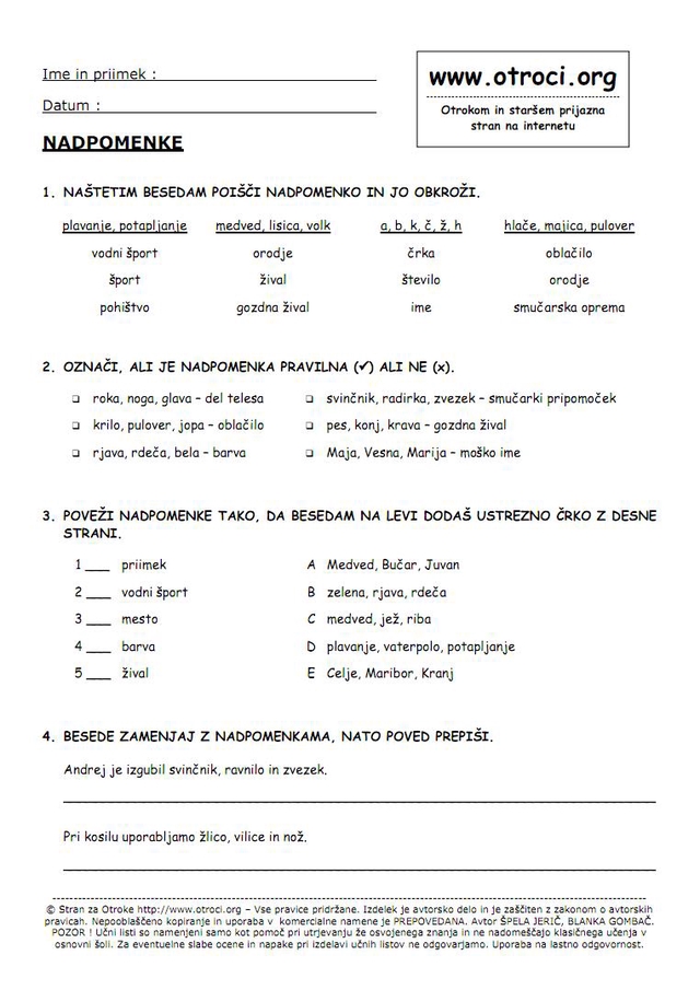 Učni listi za 5. razred O.Š. na SD kartici