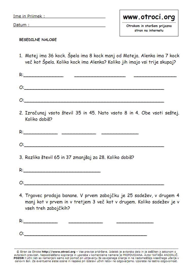 Učni listi za 3. razred O.Š. na SD kartici