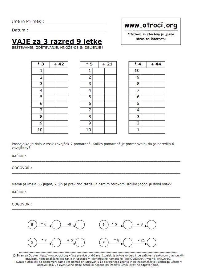 Učni listi za 3. razred O.Š. na SD kartici