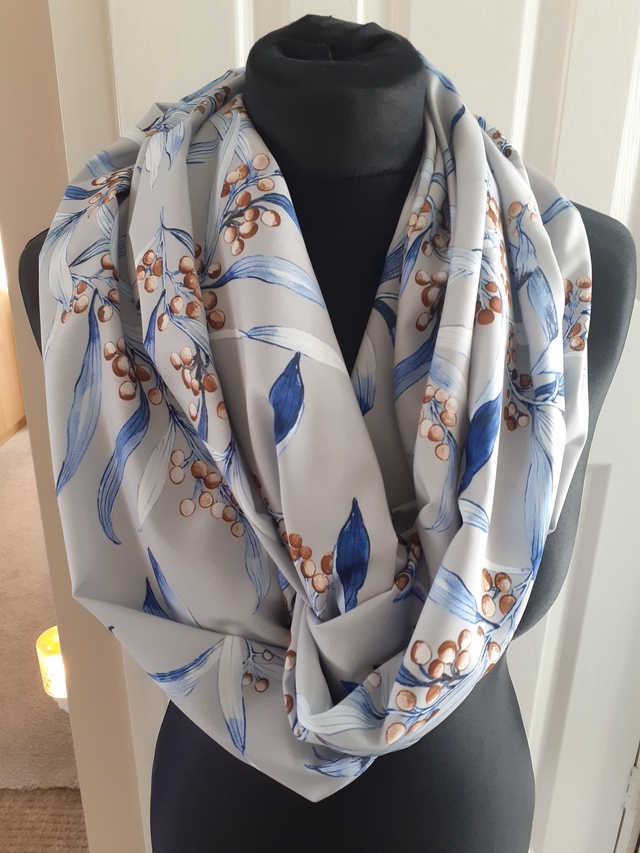 Grey floral, infinity scarf, blue, white and brown flower, loop scarf ...