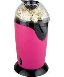 Pink popcorn machine with bowl, corn, sugar, pink/white bags